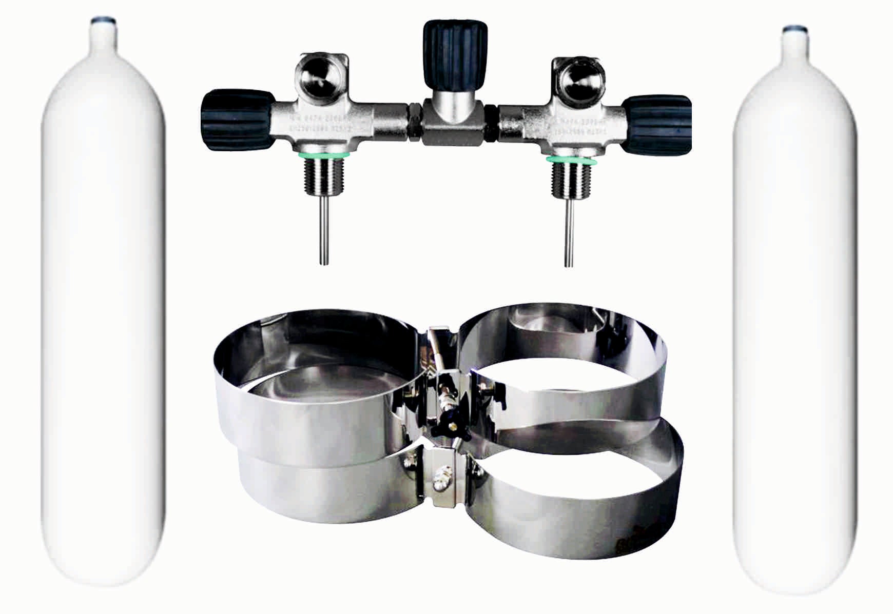 BTS 8 Litre 300 Bar DIN Steel Cylinder Twin Set with Isolation Manifol ...